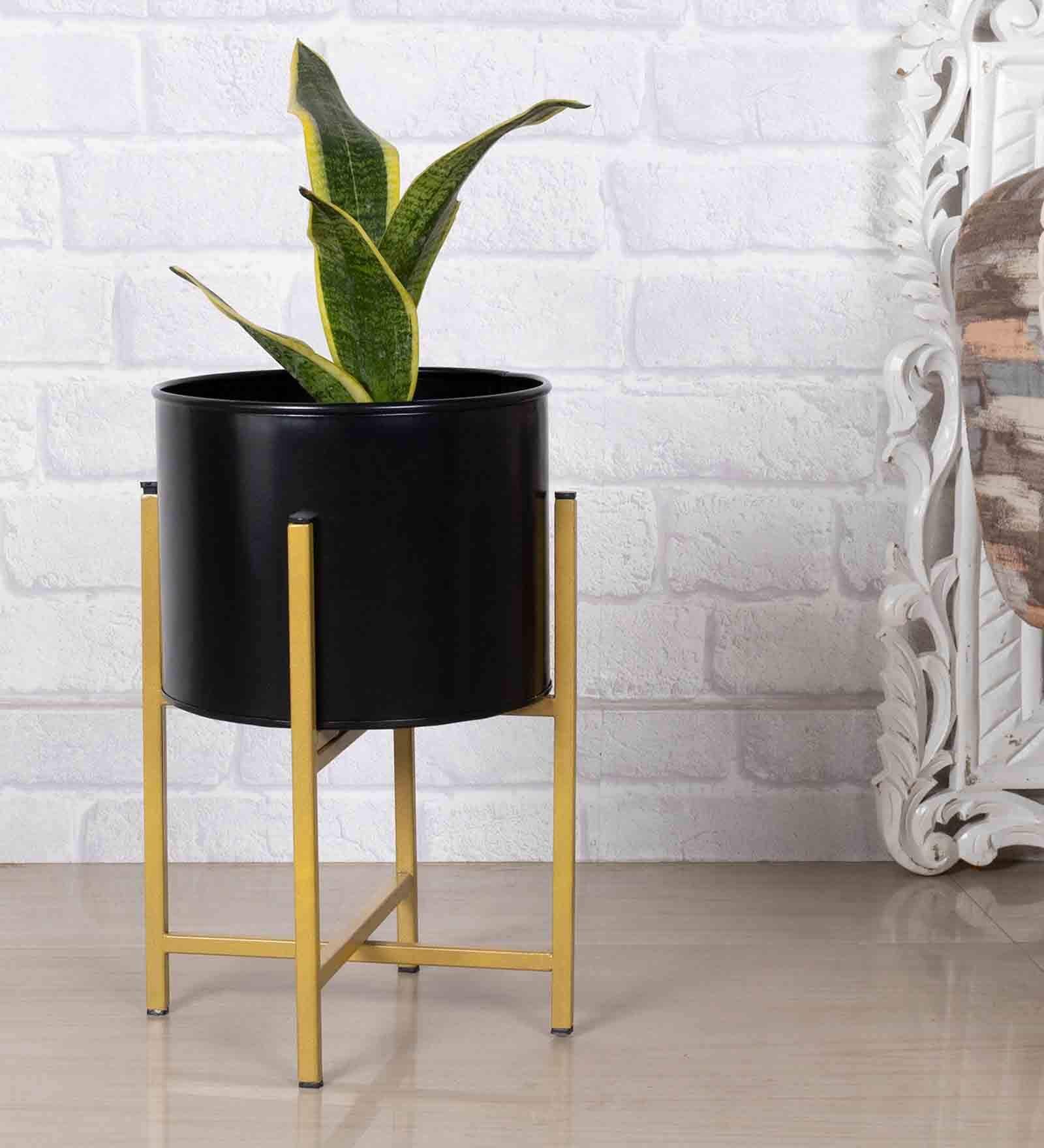 Buy Gold Metal 13\ Mid Century Large Floor Planter Stand With Black Pot ...