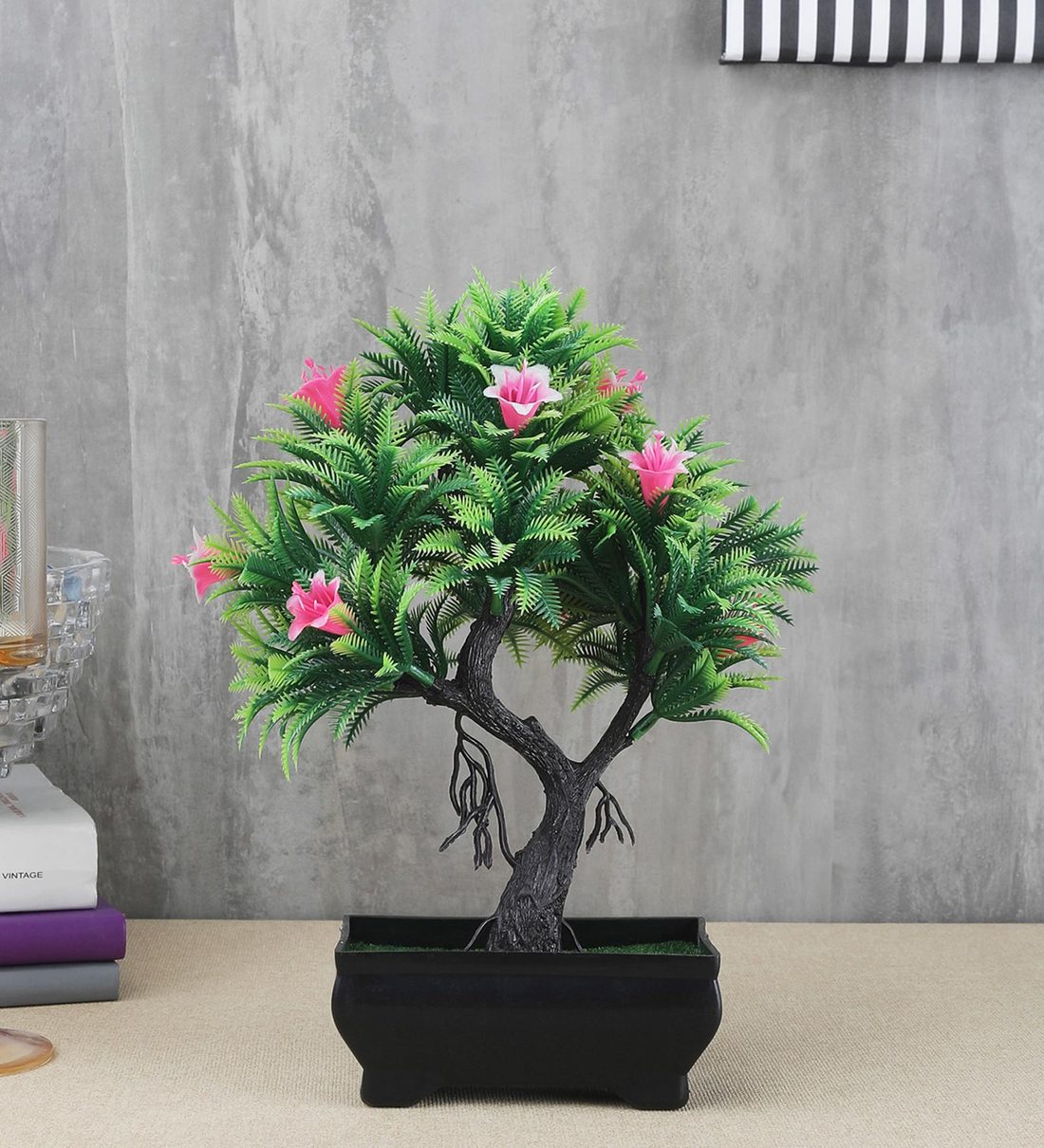 Buy Green Plastic and Polyester Blend Artificial Y Shaped Bonsai Tree ...
