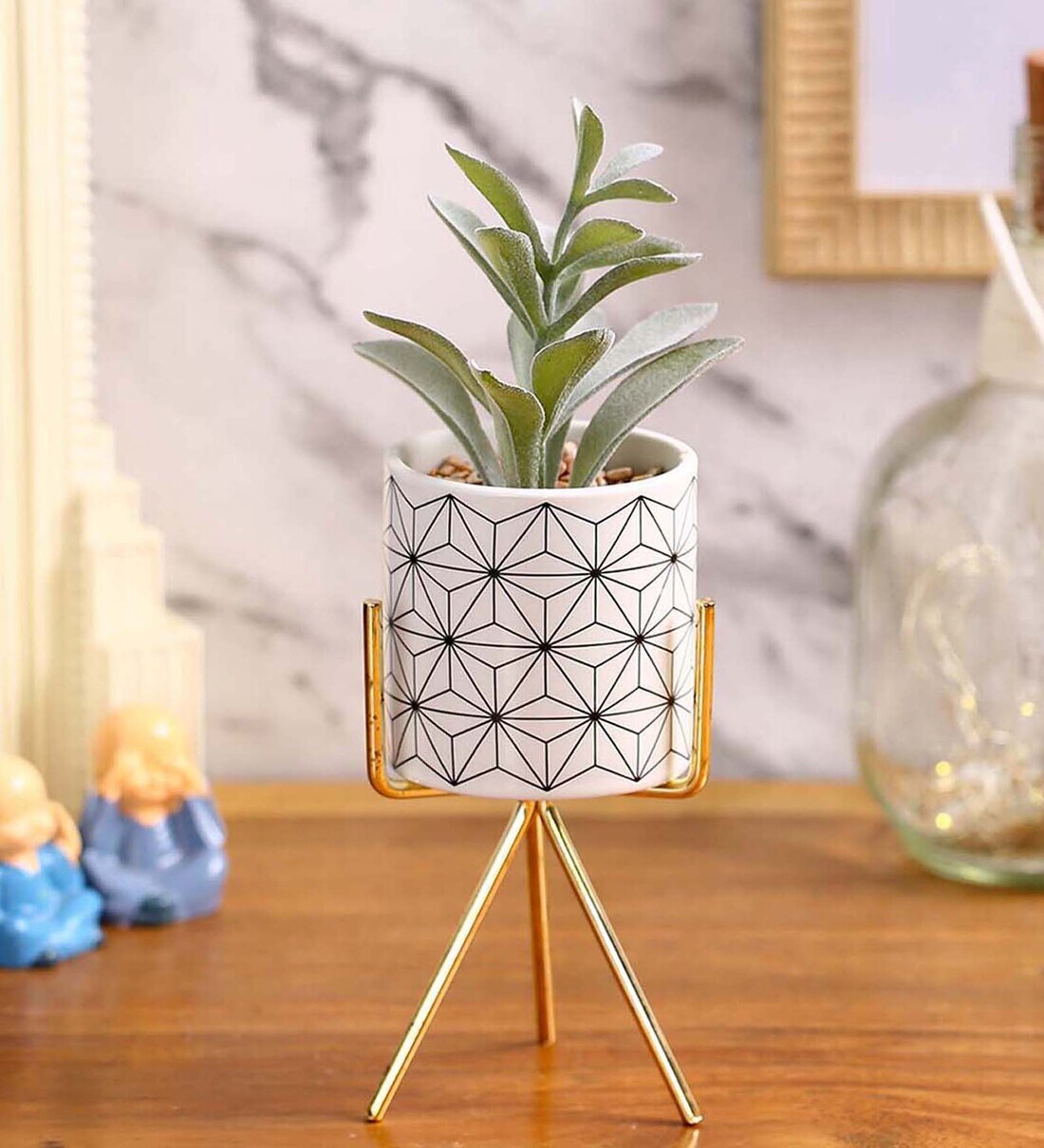 Buy Polyurethane Avys Green Succculent In Ceramic Pot With Metal Stand ...