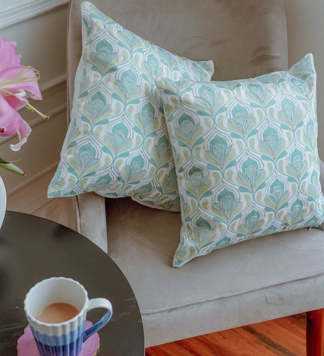 Buy Green Traditional Velvet 16 x 16 Inches Cushion Cover by Ananta ...