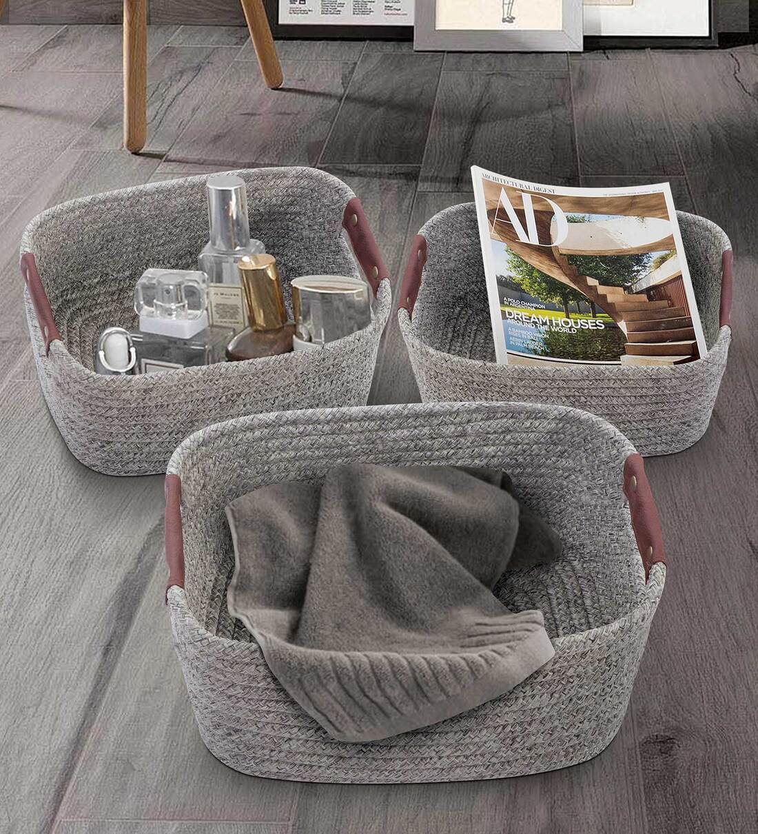 Buy Grey Polypropylene Non Foldable Multi Purpose Storage Baskets (Set ...