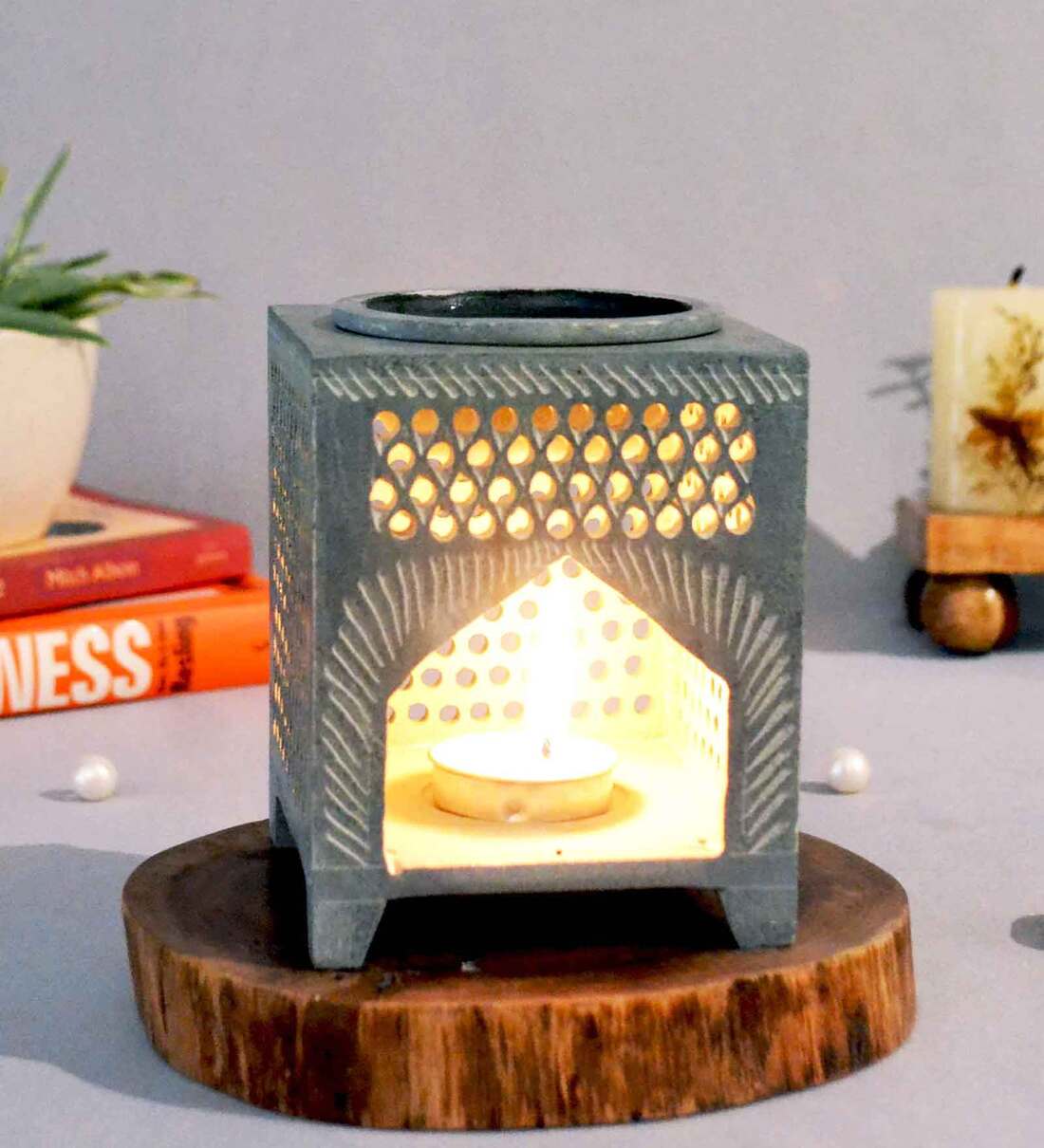Buy Grey Soapstone Jali Oil Diffuser with Essential Oil by Katkaria ...