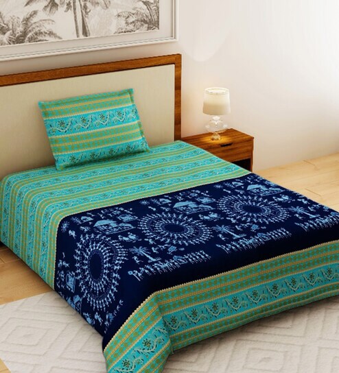 Buy Green Traditional 120 TC Cotton Single Bed Sized Bed Sheets With 1 ...