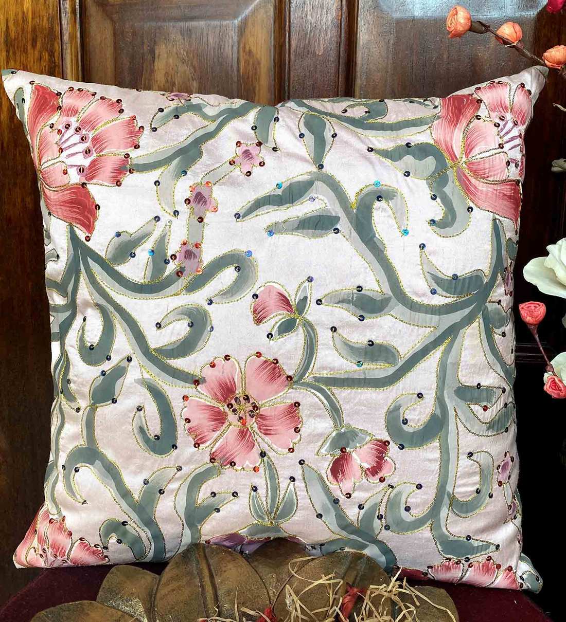 Buy Cream Textured Silk 16 x 16 Inches Embroidered Cushion Cover by House Of Silko at 48% OFF by ...