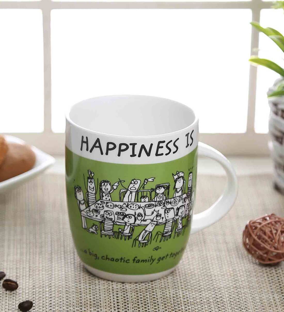 Buy Happiness Quotes 300ml Green & White Ceramic (Set of 2) Coffee Mug ...