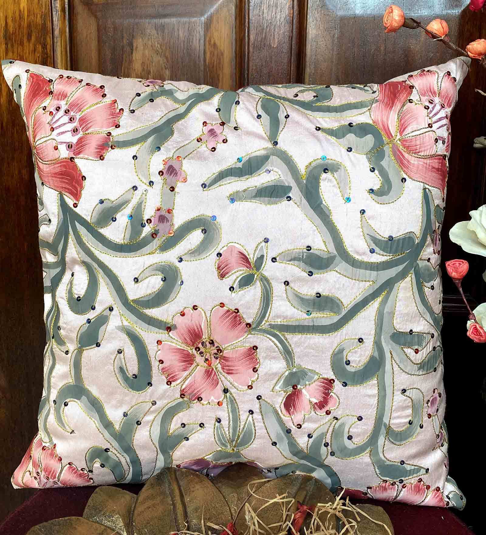 Buy Cream Textured Silk 16 x 16 Inches Embroidered Cushion Cover by ...