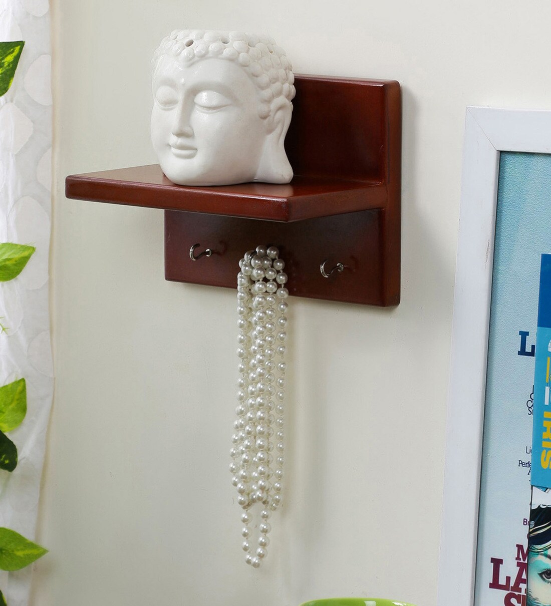 Buy Engineered Wood Floating Wall Shelf with Key Holder in Brown colour ...