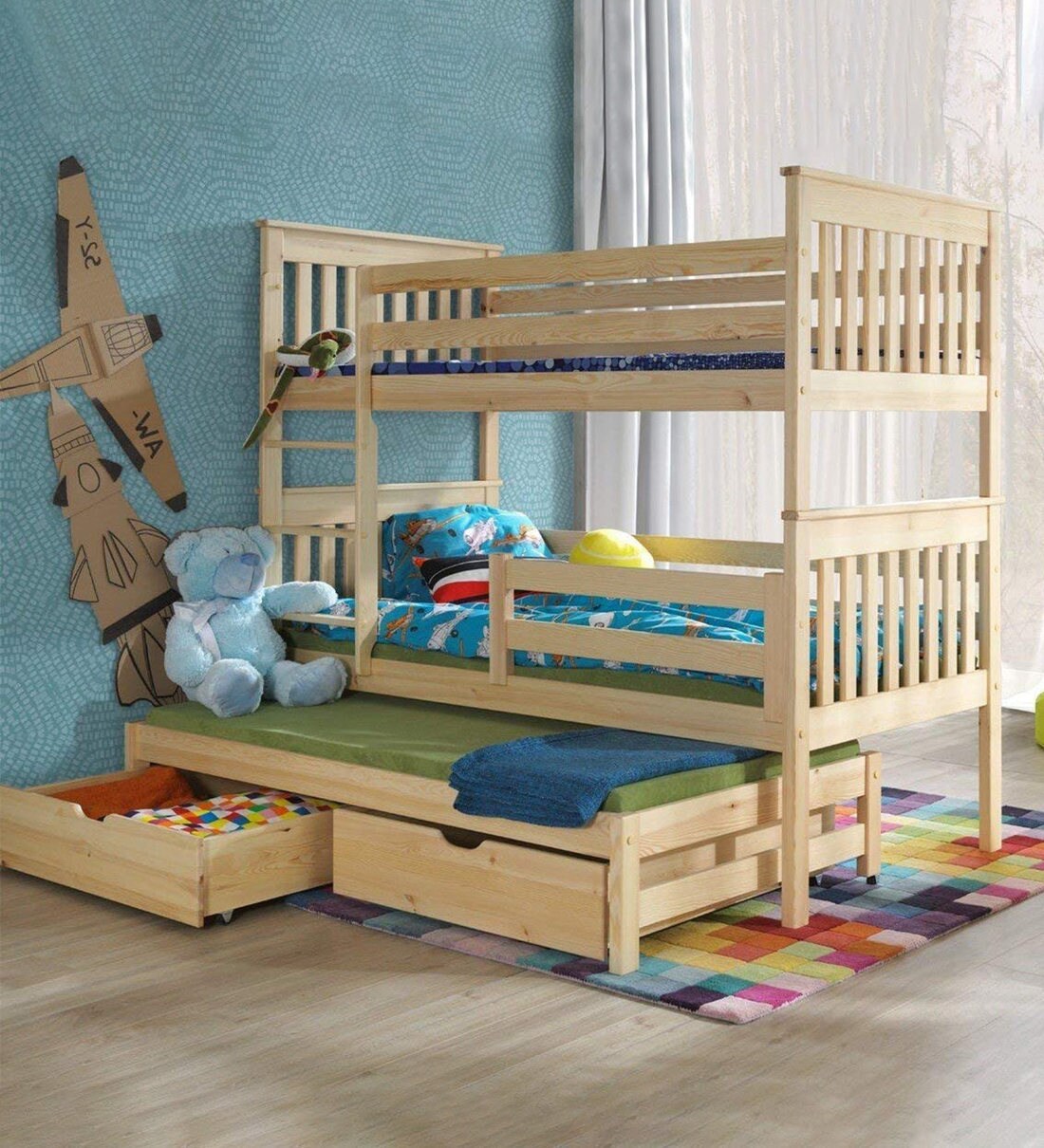 Buy Hungary Pine Wood Bunk Bed with Trundle & Storage in Natural by ...