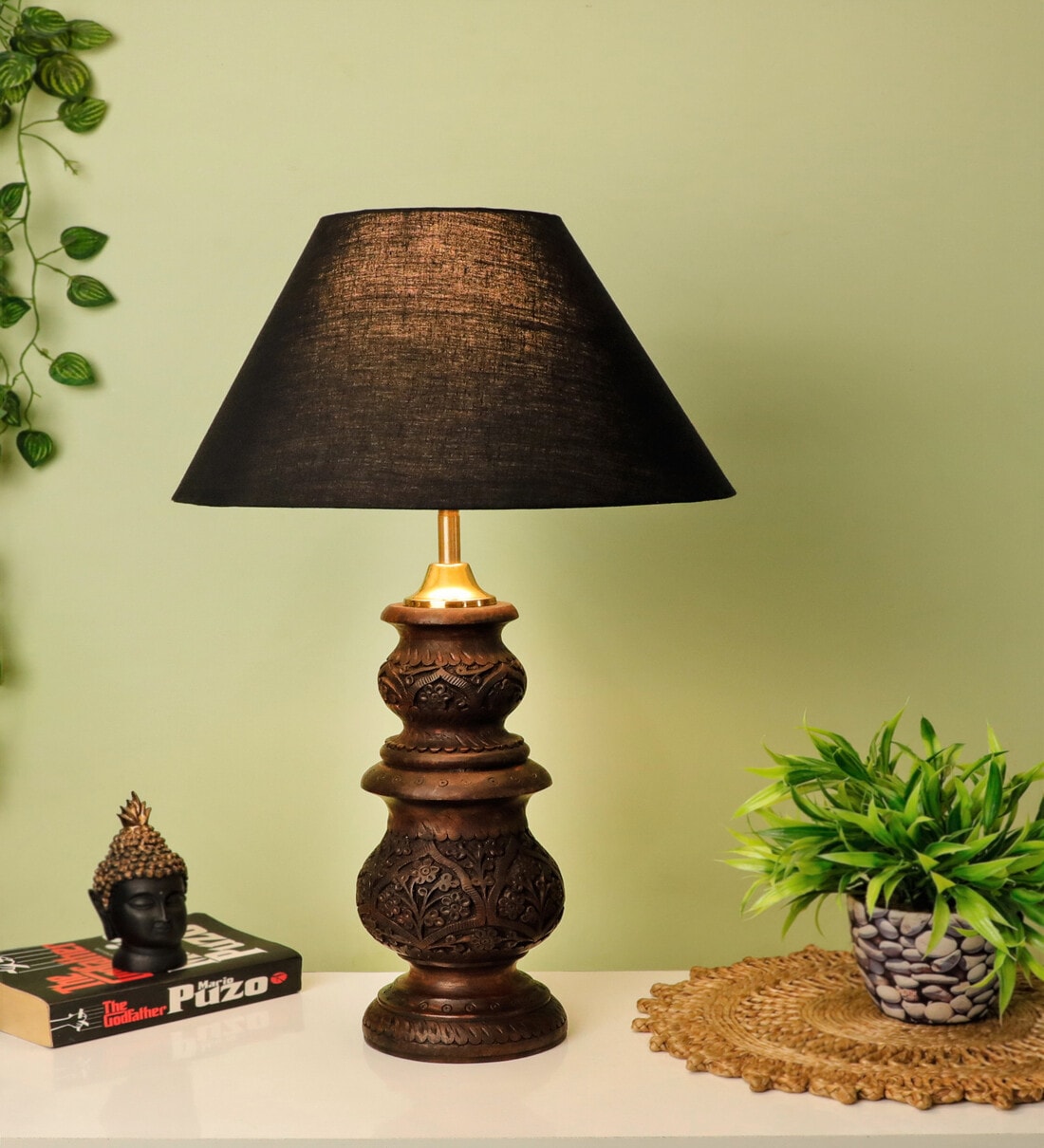 Buy Black Shade With Brown Wooden Kashmiri Carving Handmade Table Lamp ...