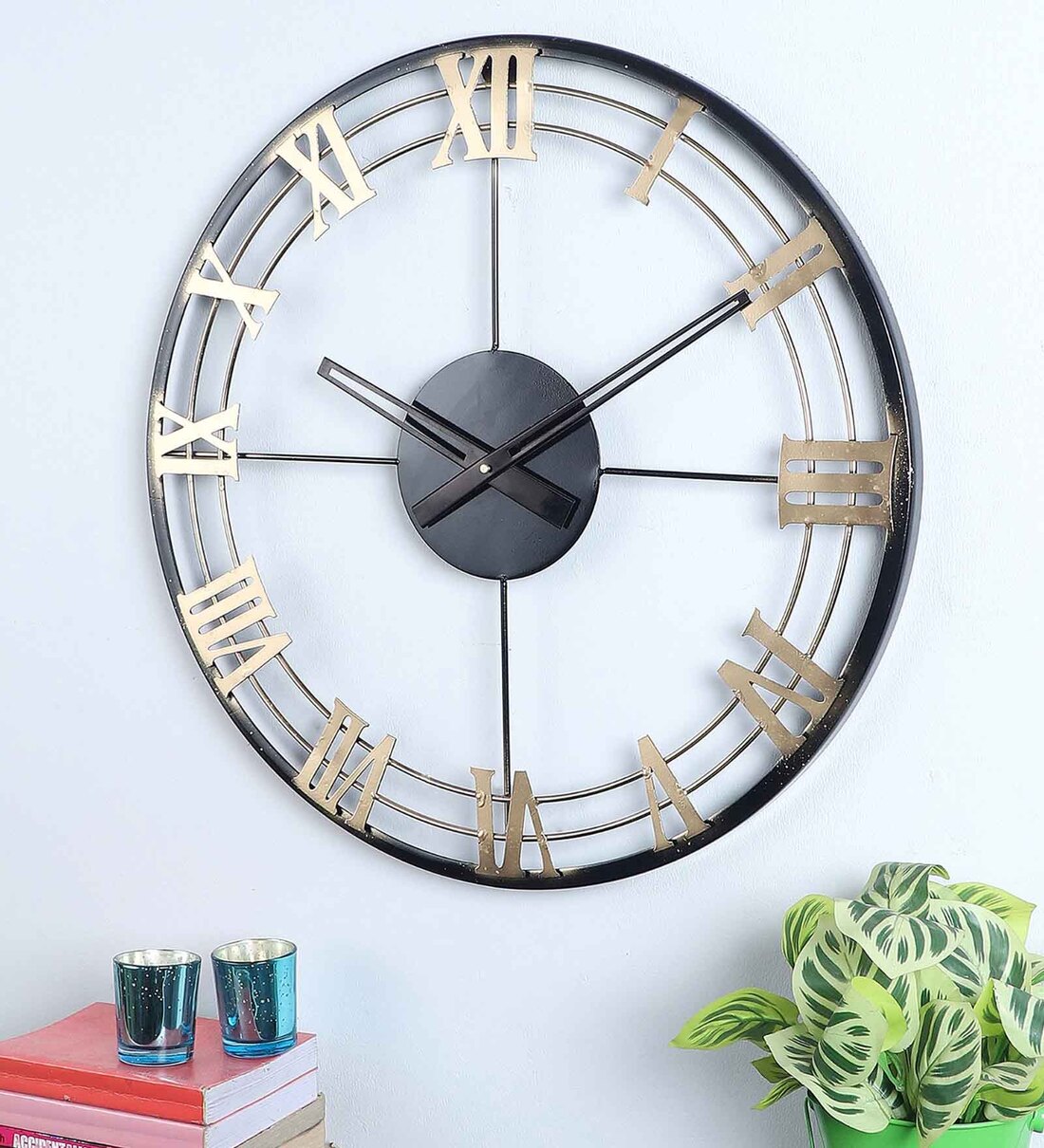 Buy Iron Black & Gold Roman Number Wall Clock Online - Modern Wall ...