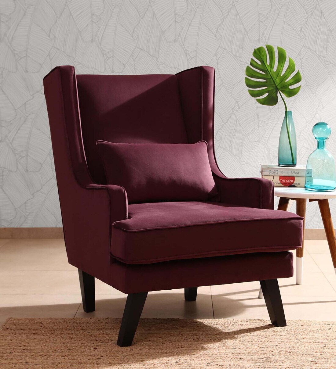 Buy Isla Velvet Wing Chair In Velvet Wine Colour Online - Wing Chairs ...