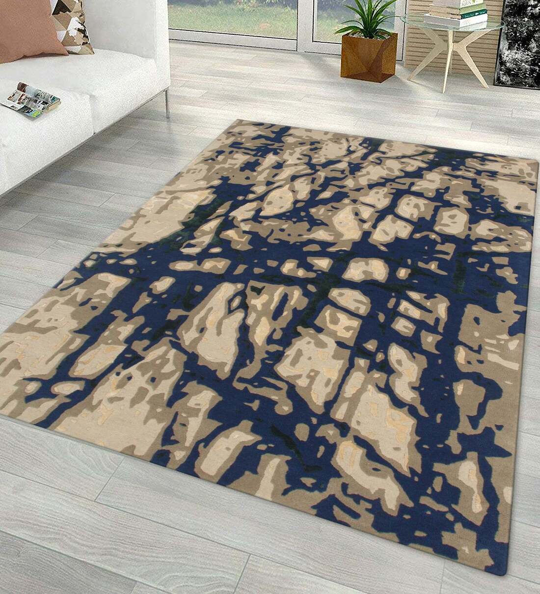 Buy Ivory & Blue Abstract Wool And Viscose 8 ft x 10 ft Hand tufted ...
