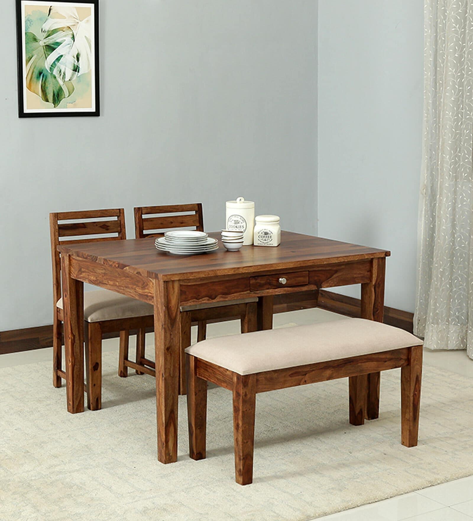 Buy Kentan Sheesham Wood 4 Seater Dining Set In Rustic Teak Finish With ...
