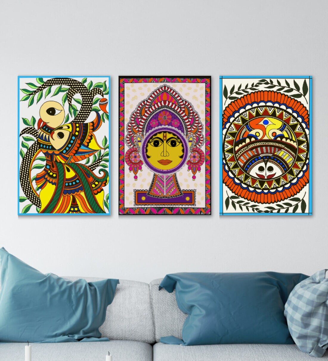 Buy Madhubani Multicolour Canvas Framed Spiritual Art Print Set of 3 at ...
