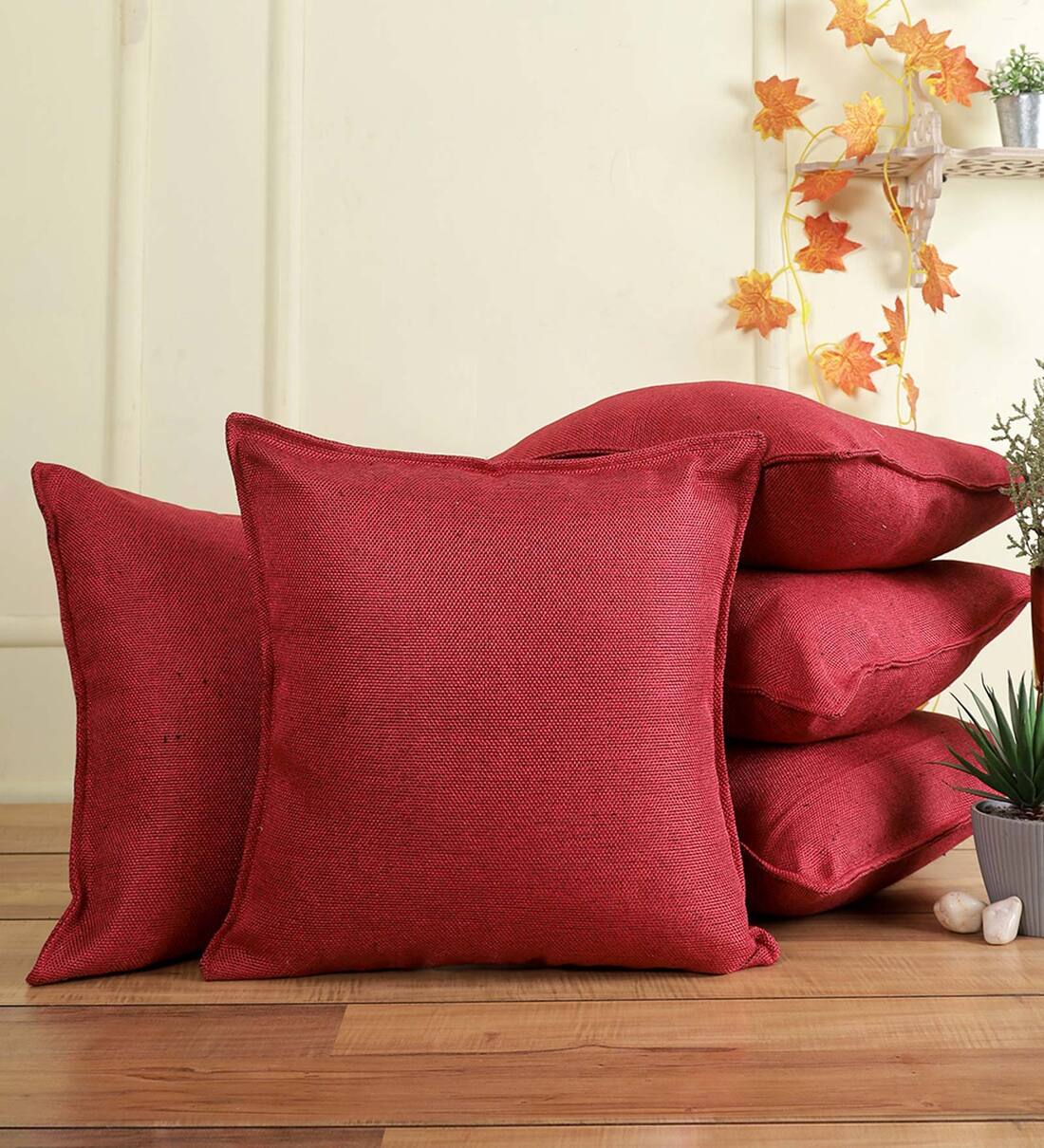 Buy Maroon Solid Jute 16 x 16 Inches Cushion Covers (Set of 5) by The ...