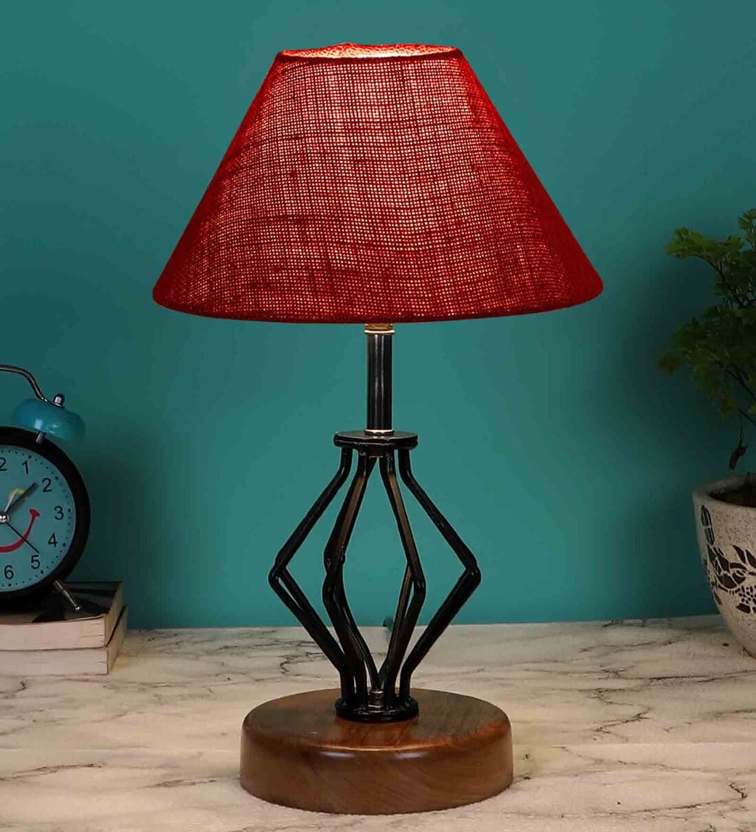 Buy Maroon Shade Table Lamp With Shade Table Lamp With Wood & Iron Base ...