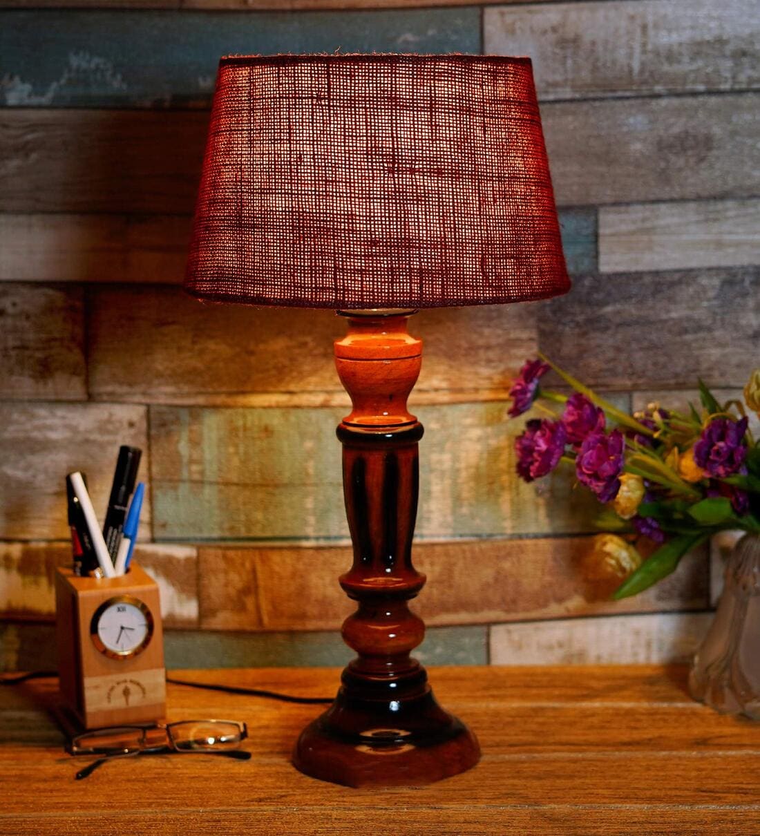 Buy Traditional Maroon Natural Fiber Shade Night Lamp With Wood Base By ...