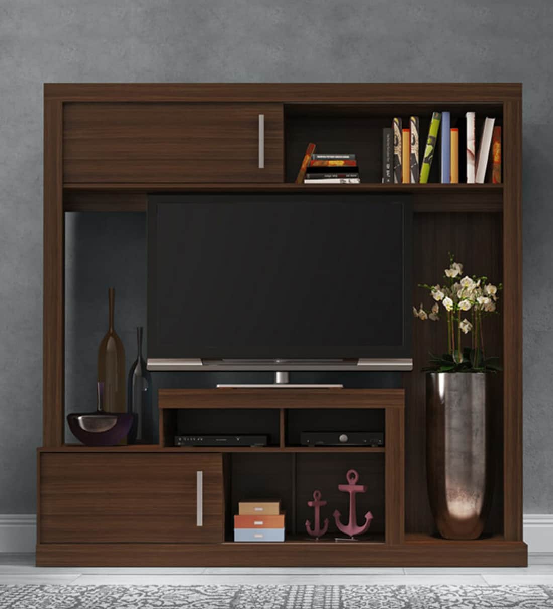 Buy Martina Wall TV Unit With Sliding Doors In Walnut Finish Online ...