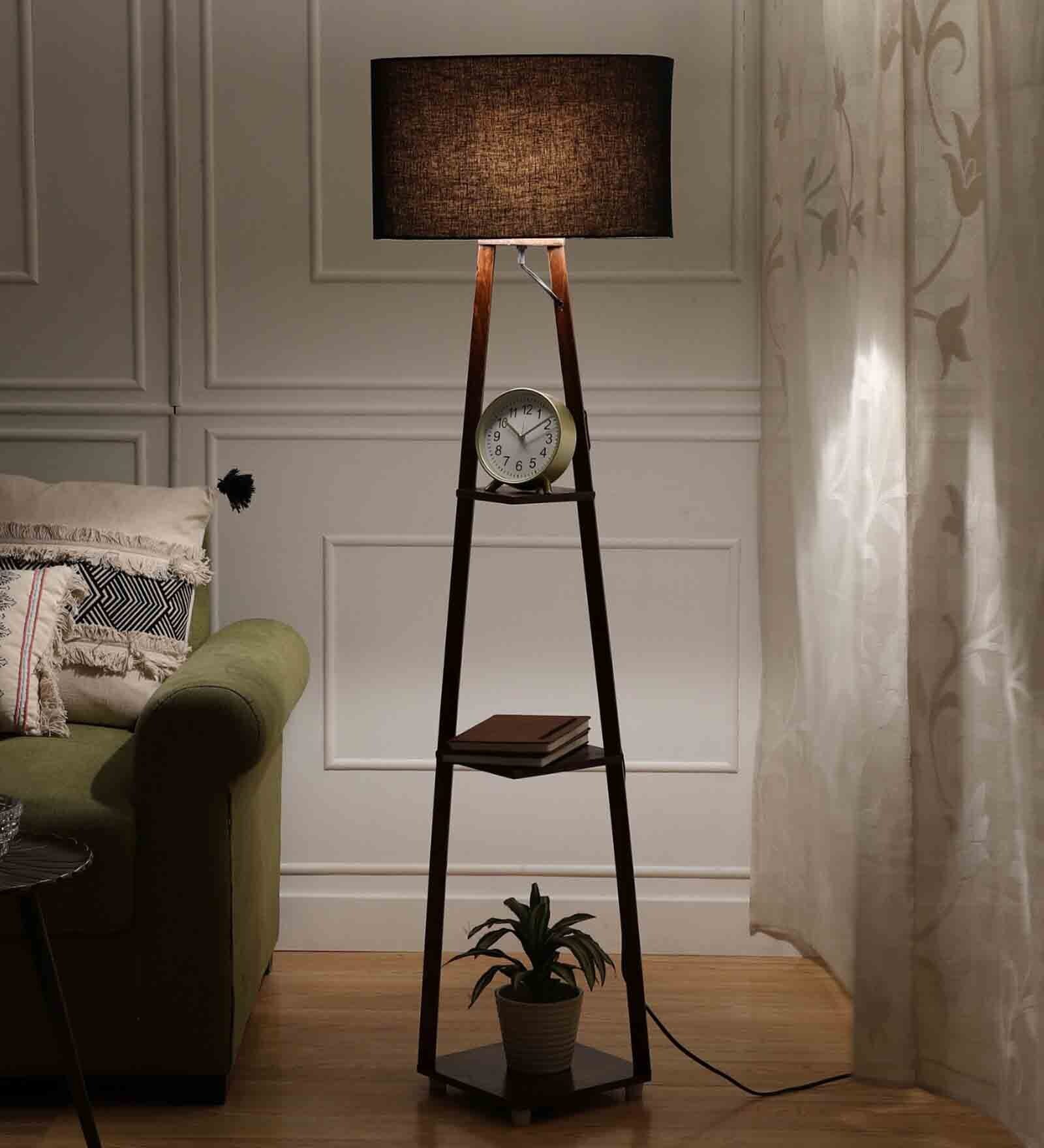 Buy Magnum Black Cotton Shade Shelf Floor Lamp With Birch Ply Base By ...