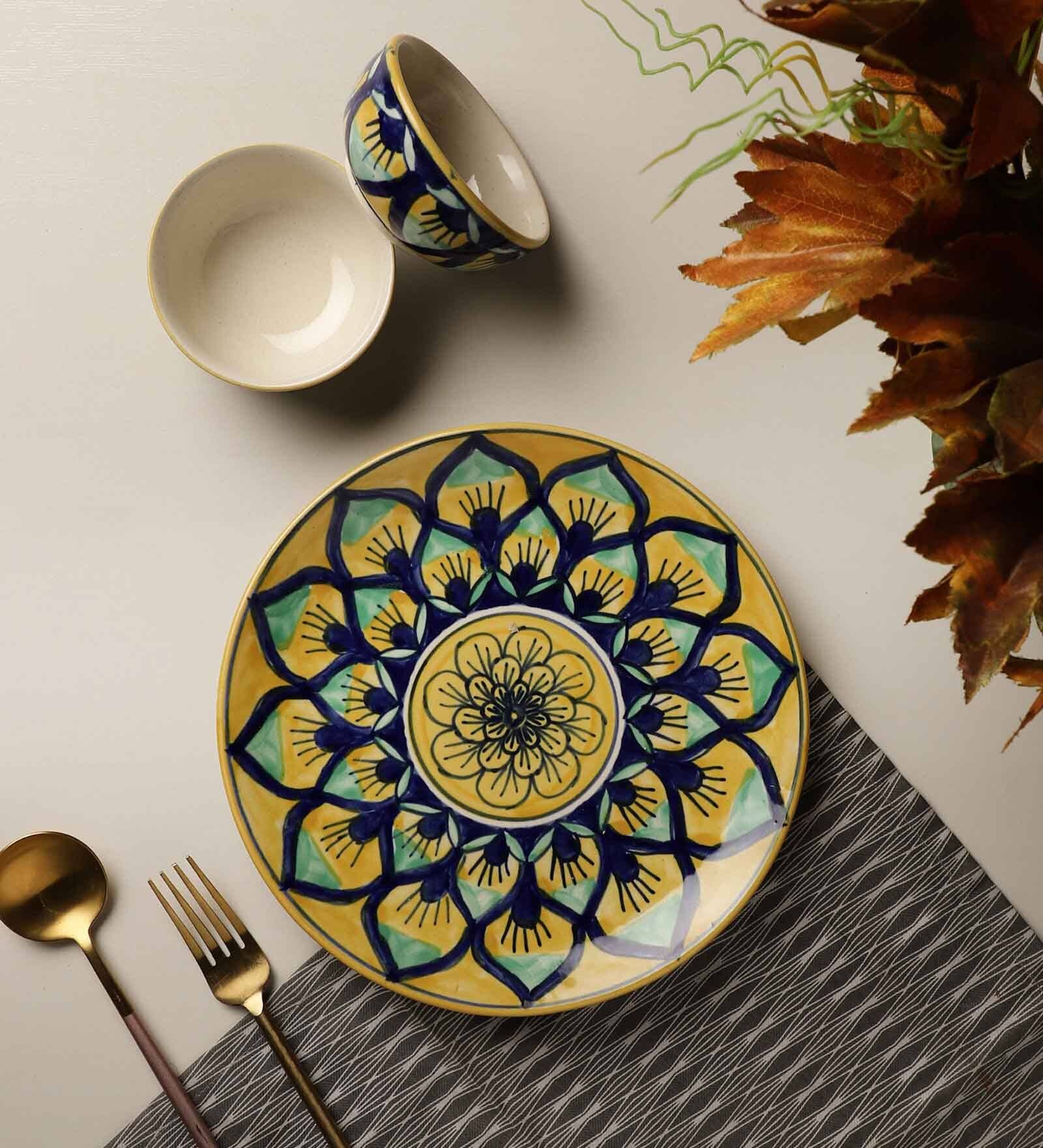 Buy Mandala Print (Set of 3) Ceramic Dinner Plate & Dinner Bowl by The ...
