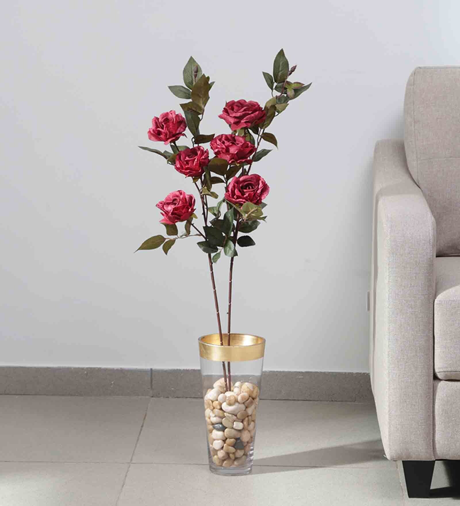 Buy Maroon Fabric Rose Flower Stick Artificial Flowers Online ...
