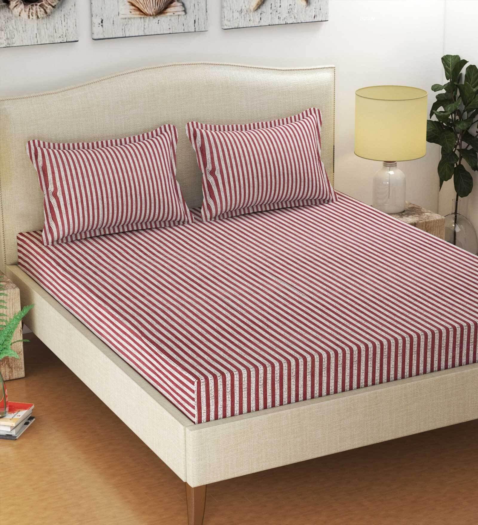 Buy Maroon Striped 300 TC Cotton Queen Sized Bed Sheets with 2 Pillow ...