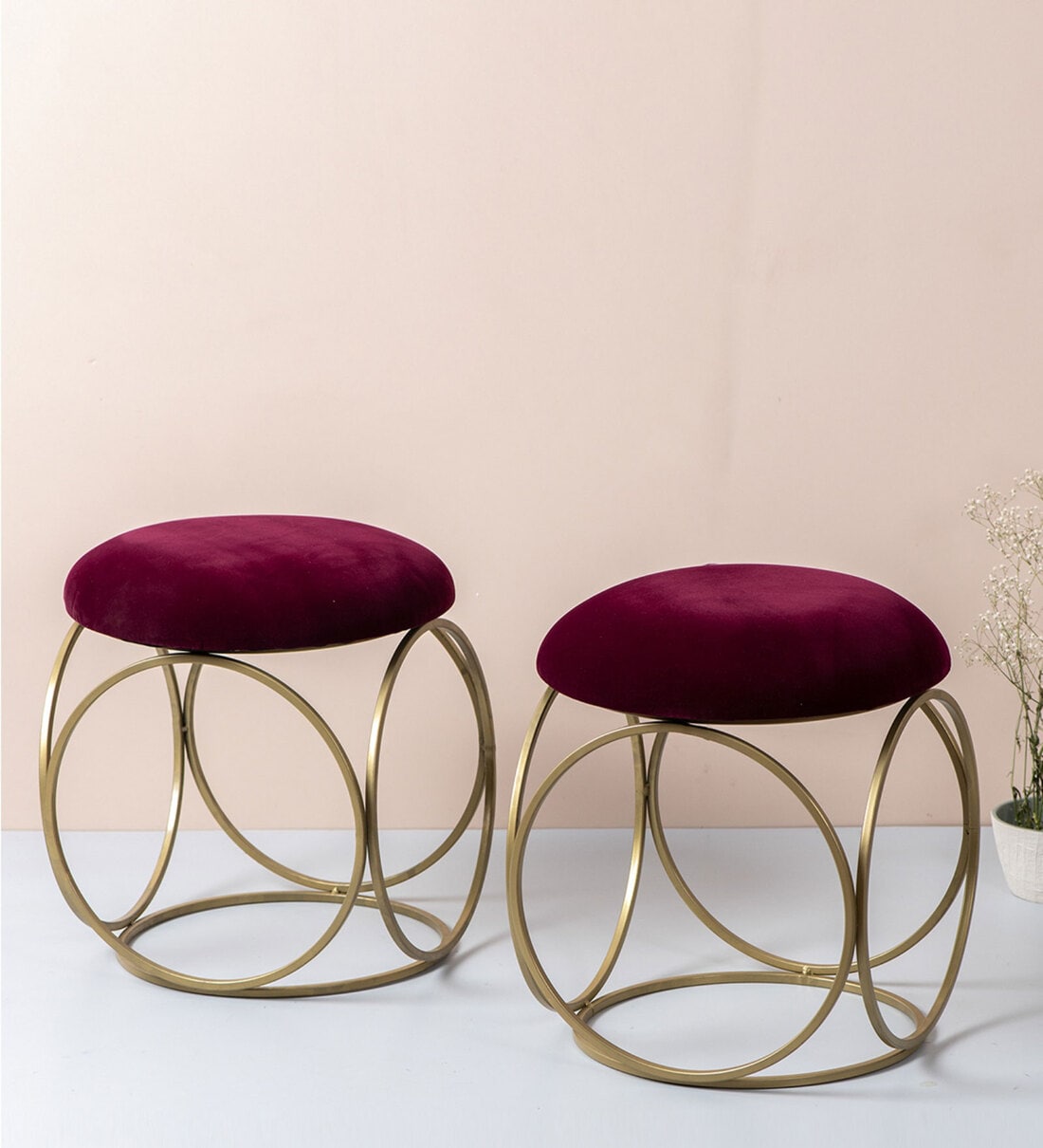 Buy Lush Velvet Seating Stools in Maroon Color with (Set of 2) Online ...