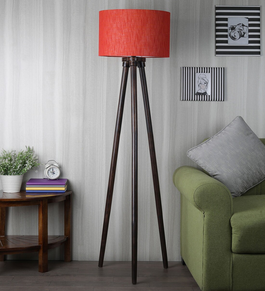 Buy Hexa Red Fabric Shade Tripod Floor Lamp With Wood Base By Sanded ...