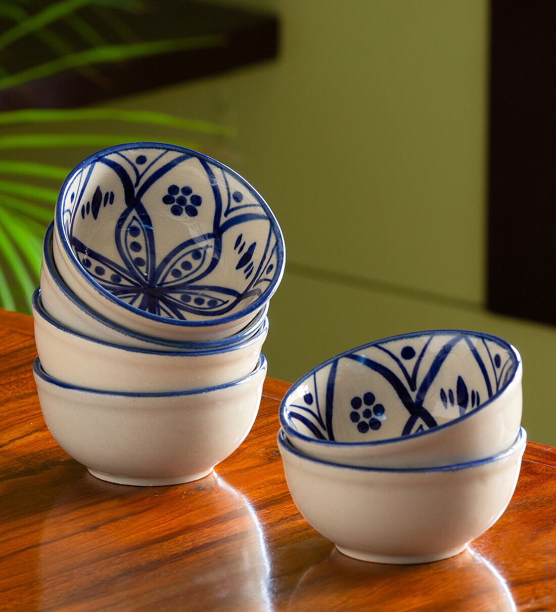 Buy Moroccan Blossoms 220ml (Set of 6) White & Blue Ceramic Dinner Bowl ...