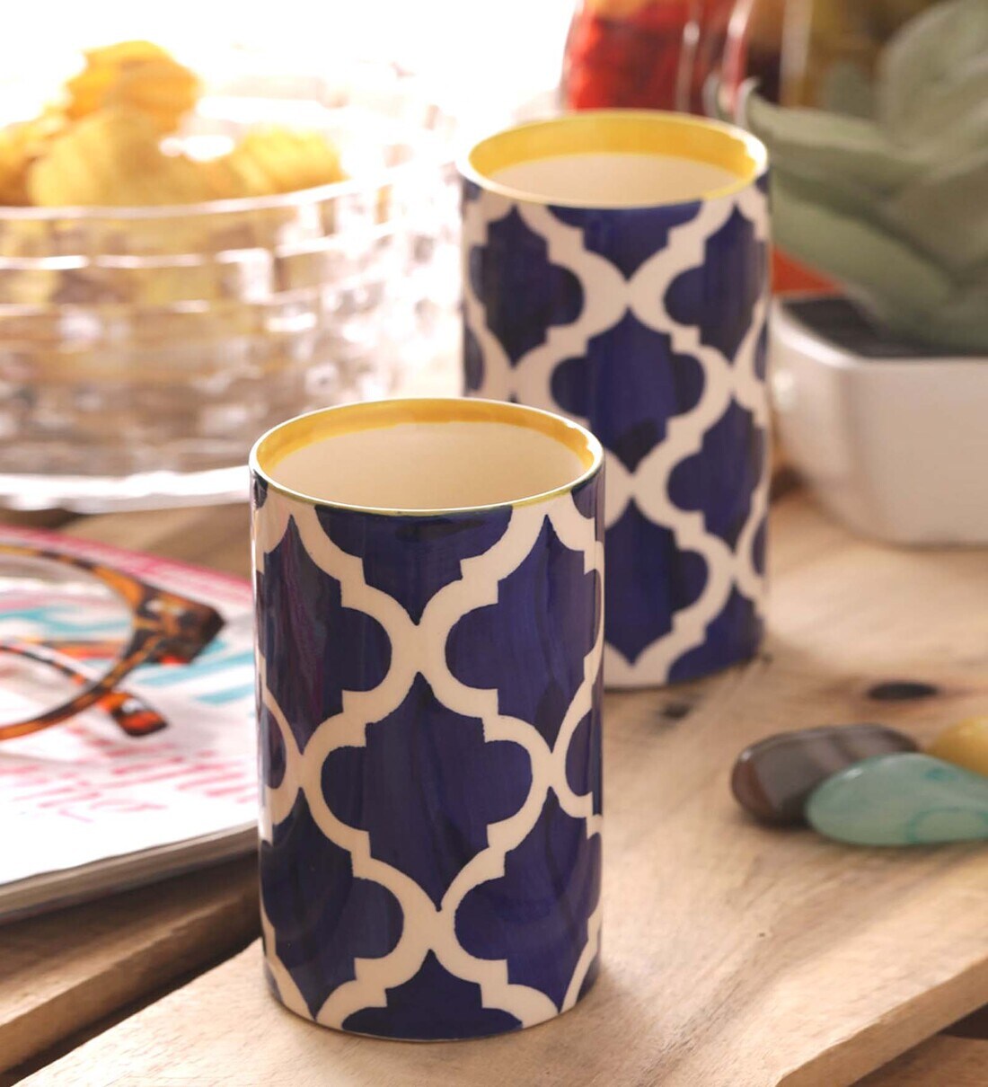 Buy Moroccan 150ml Blue & White (Set of 4) Ceramic Everyday Glass at 20% OFF by Vareesha | Pepperfry