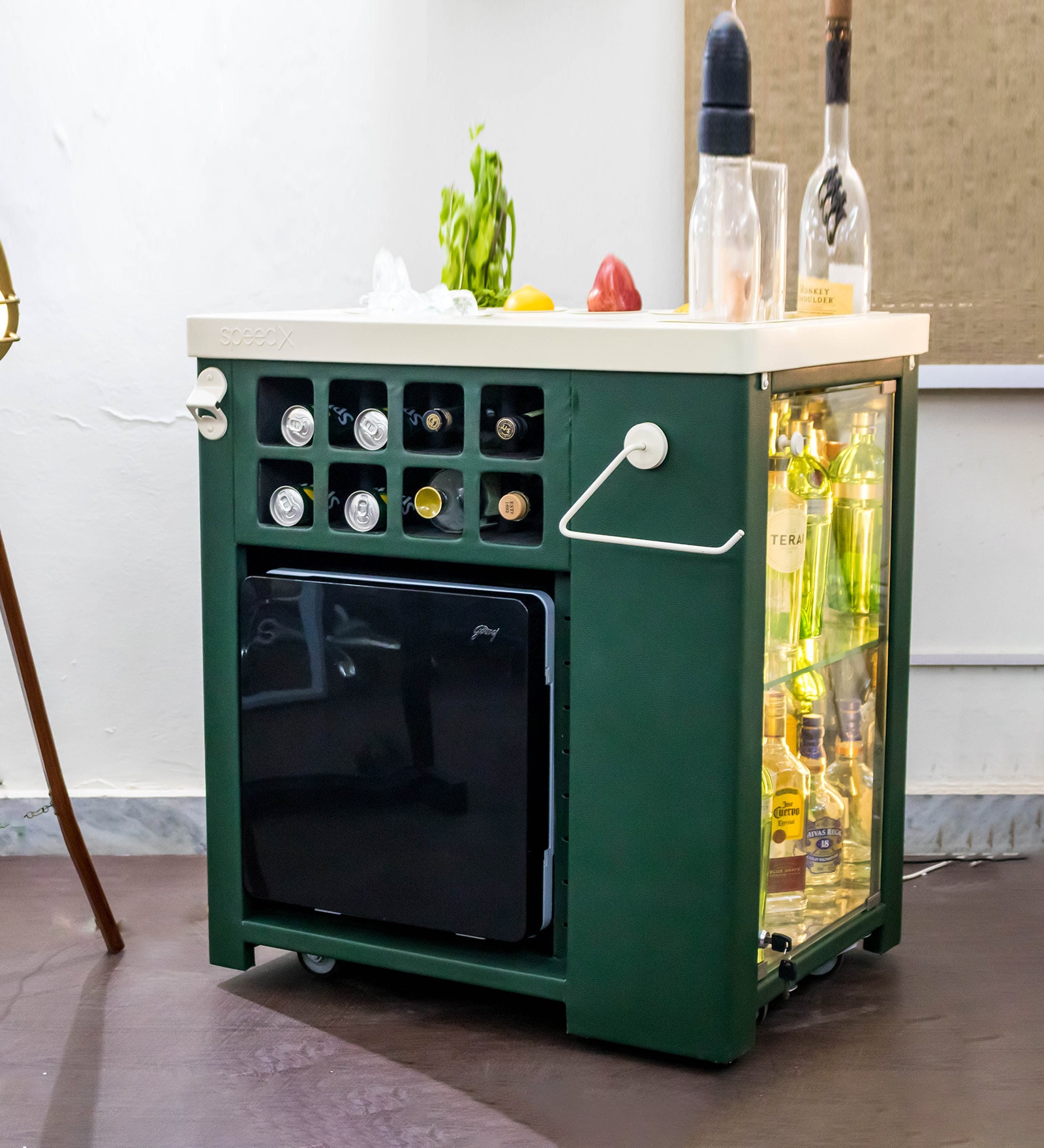 Buy All-In-One Metal Bar Cabinet in Leather Green Finish With Built-In 30L Godrej Qube Fridge ...