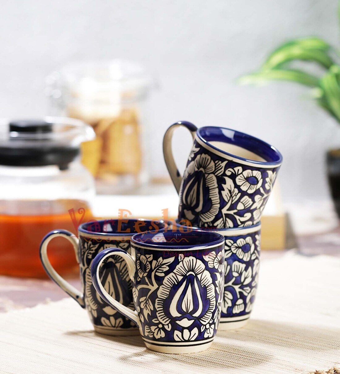 Buy Mughal HandPainted 150ml Blue (Set of 4) Ceramic Tea Cup Online - Coffee Mugs - Coffee Mugs ...