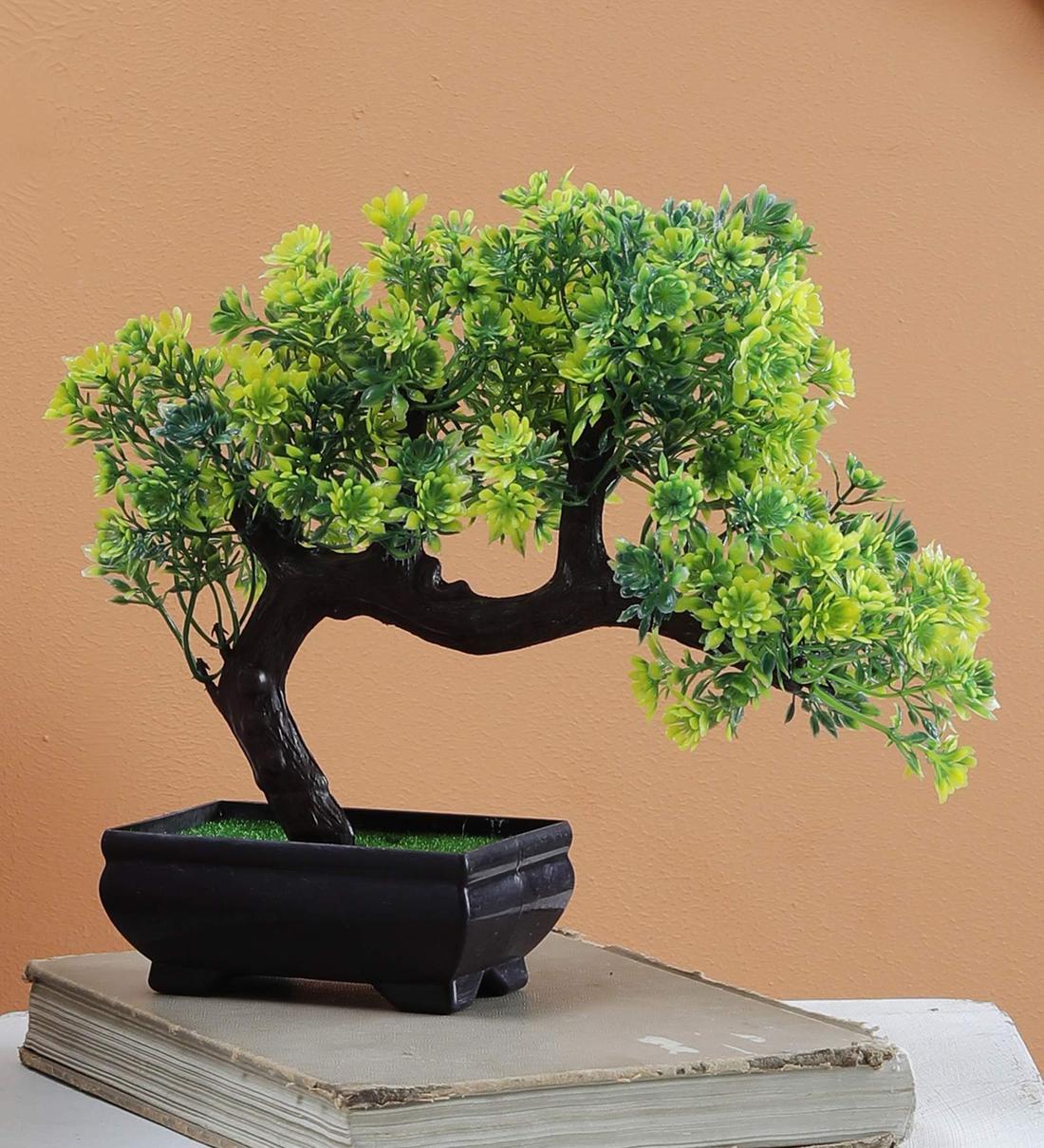Buy Green & Yellow Flowers Plastic Bent Artificial Bonsai Tree with ...