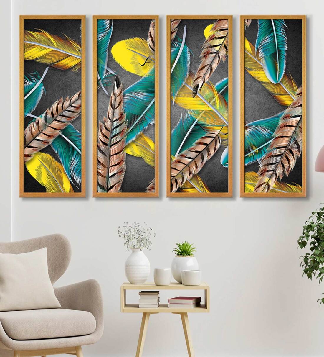 Buy Leaves Multicolour Canvas Framed Abstract Art Panel Set of 4 Online ...
