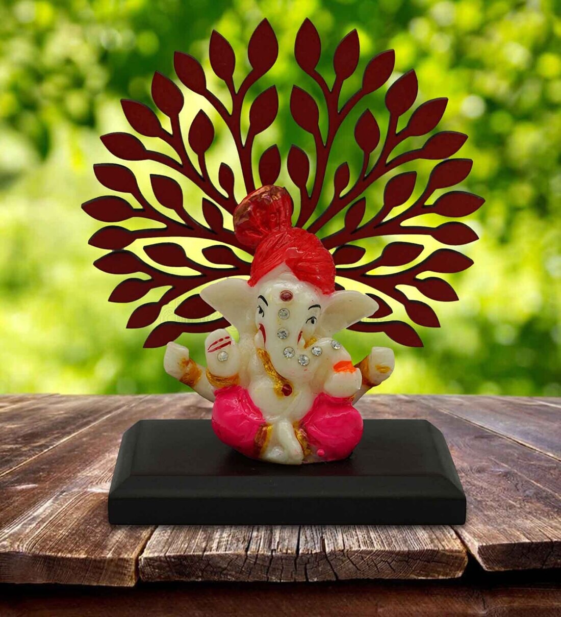 Buy Multicolour Marble Handpainted Mukut Ganesha Idol with Wooden Tree ...