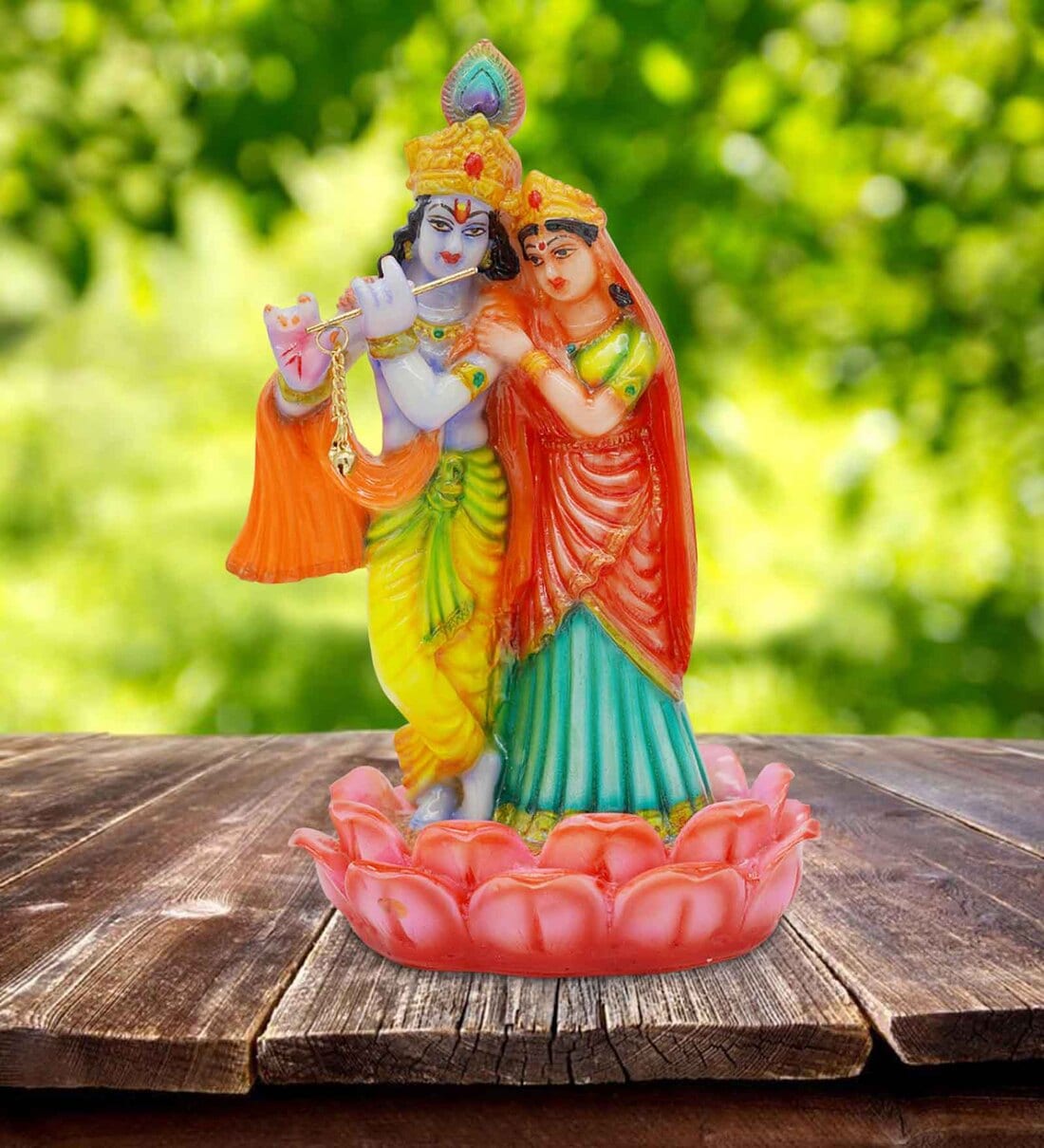 Buy Multicolour Marble Handpainted Radha Krishna Idol With Flute And ...
