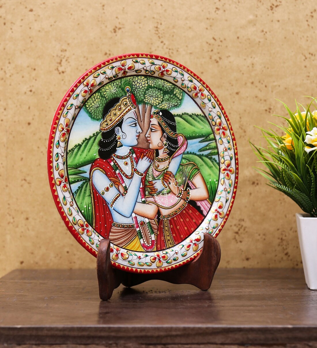 Buy Multicolour Marble Radha Krishna Round Plate with Stand by ...