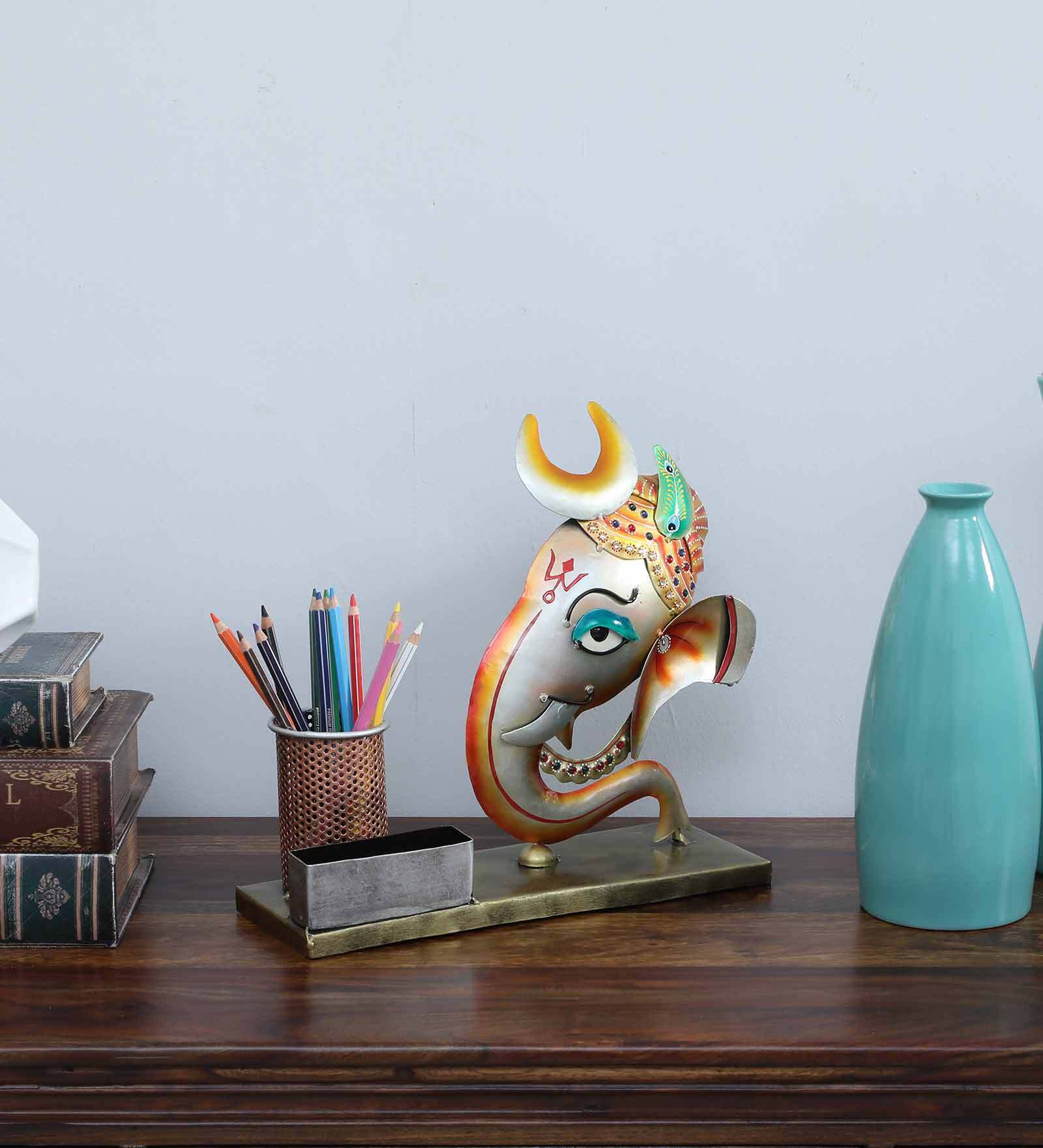 Buy Multicolour Iron Painted Ganesha Idol Pen Cum Visiting Card Stand ...