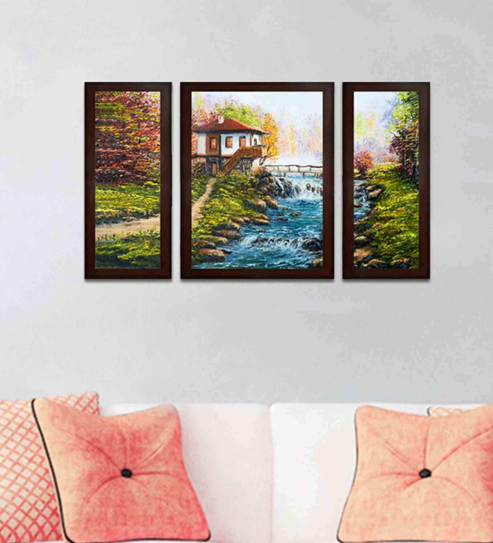 Buy Visual Multicolour MDF Framed Landscape Art Panel Set of 3 Online ...