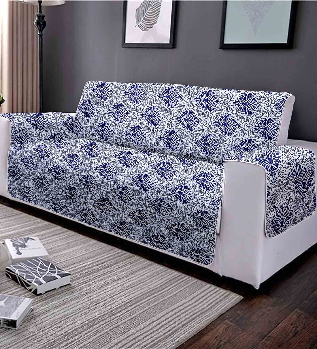 Buy Navy Blue Abstract Polyester 3 Seater Reversible Sofa Cover By ...