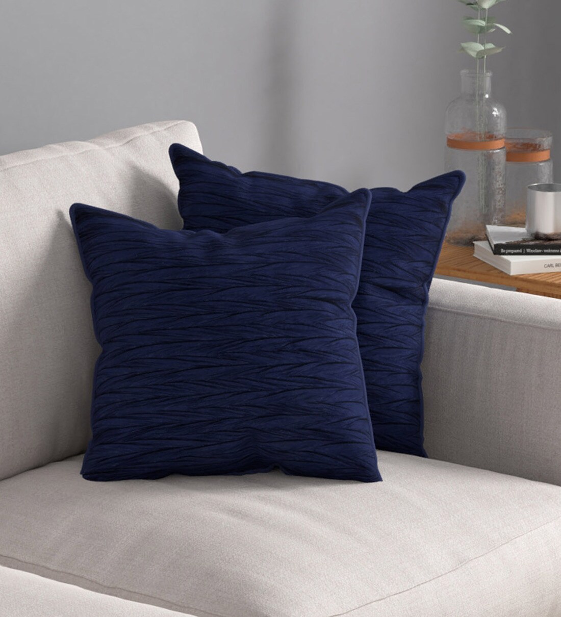 Buy Navy Blue Textured Polyester 16 x 16 Inches Cushion Covers (Set of ...