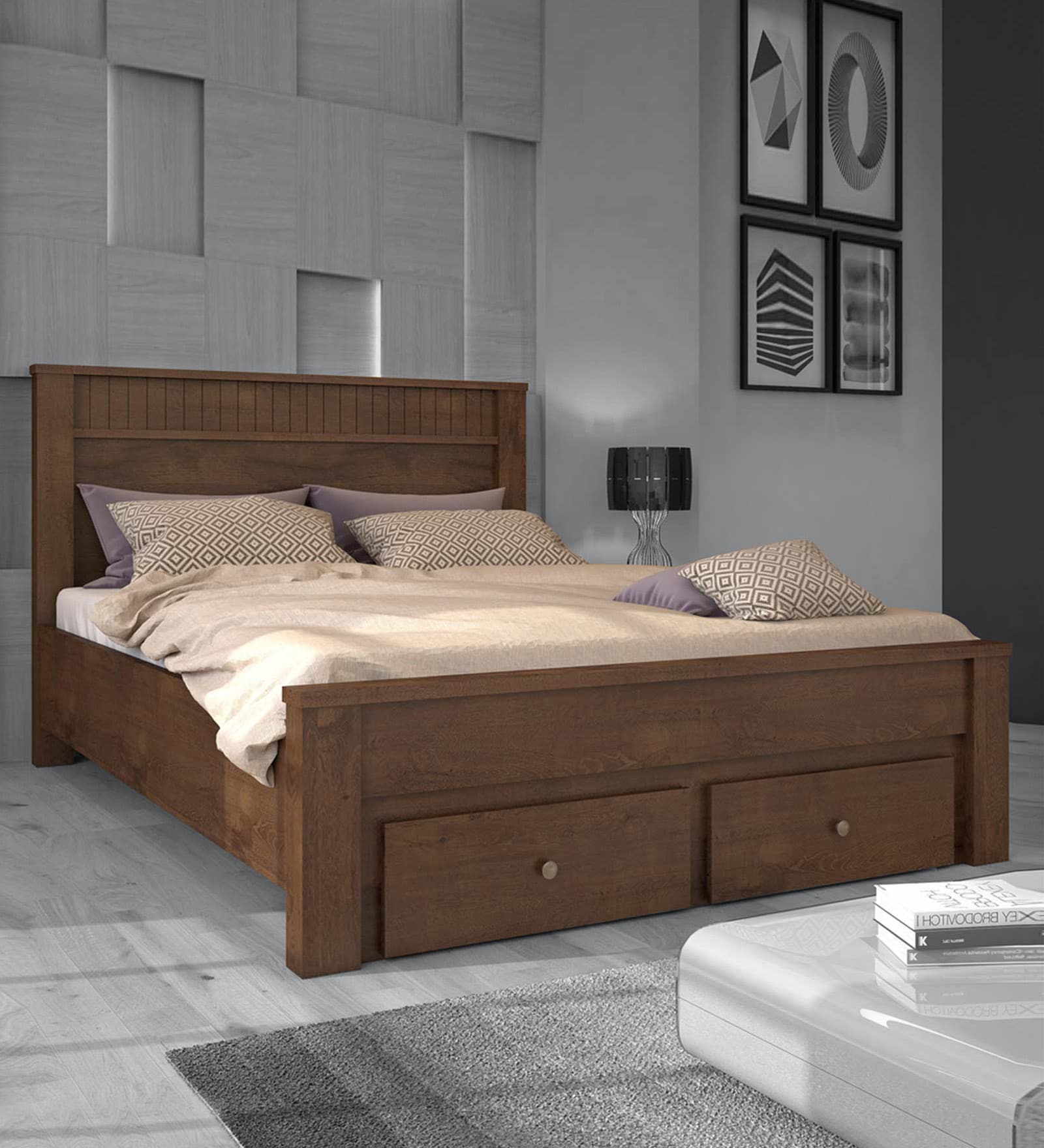 Buy Natalia Queen Size Bed with Storage in Light Walnut Finish Online ...