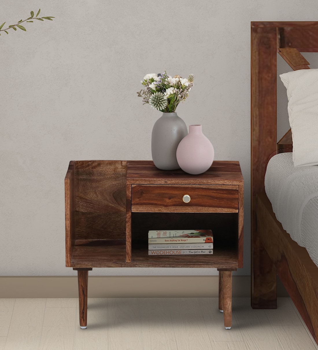 Buy Skopje Sheesham Wood Bedside Table In Rustic Teak Finish With ...