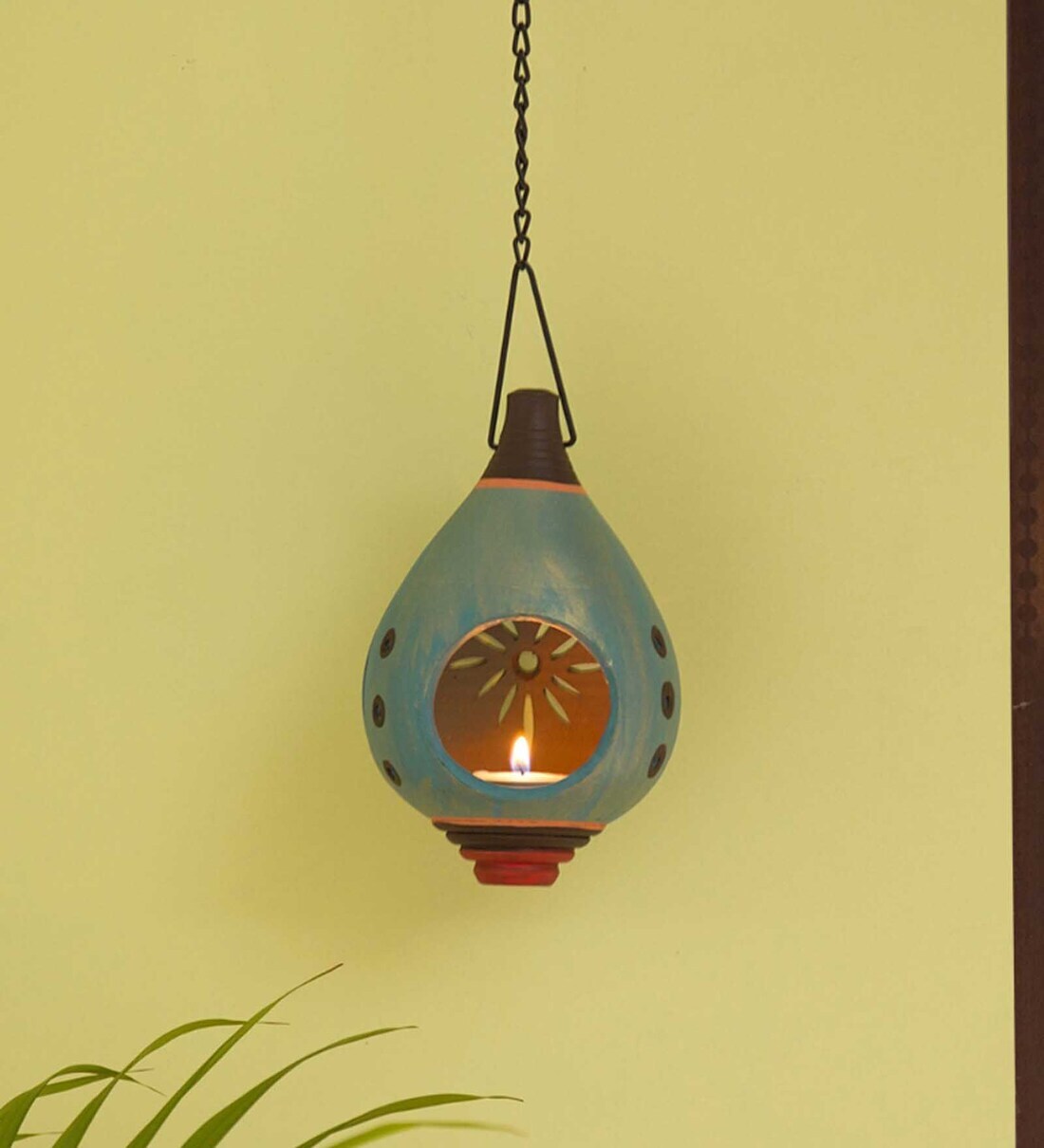 Buy Oasis Shankh Hand-Painted Blue Terracotta Hanging Tea Light Holder ...