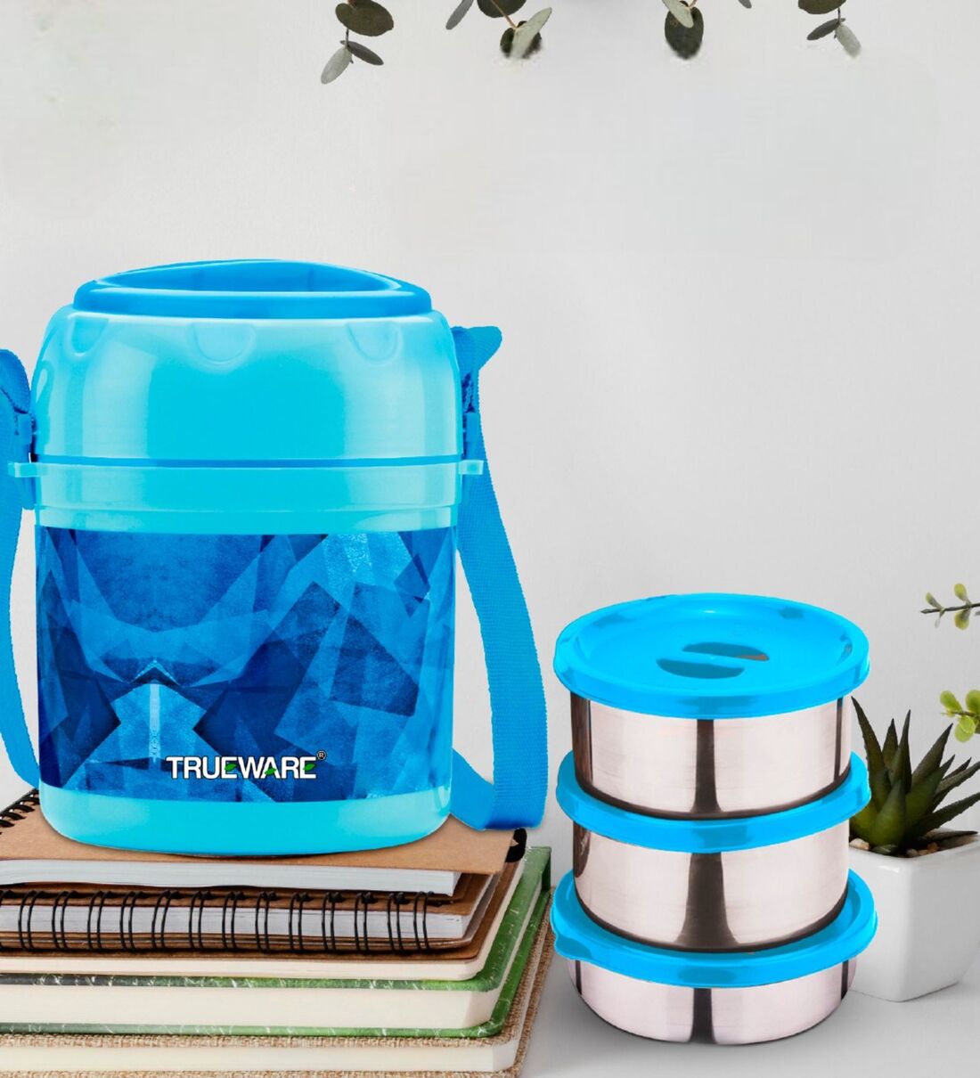 Buy Office Plus Light Blue Plastic & Steel Thermoware Lunch Box ( Set ...