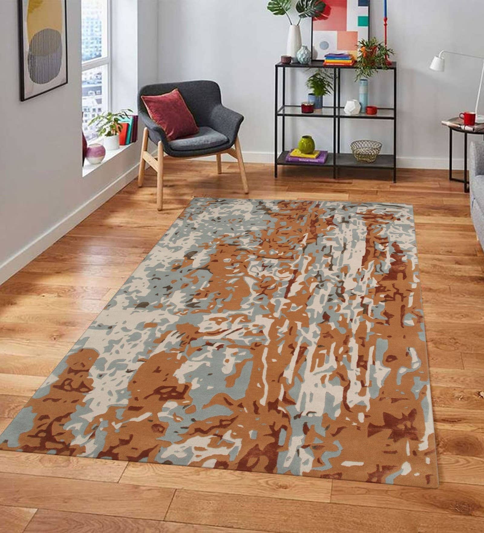 Buy Orange & Grey Abstract Wool And Viscose 8 ft x 10 ft Hand tufted ...