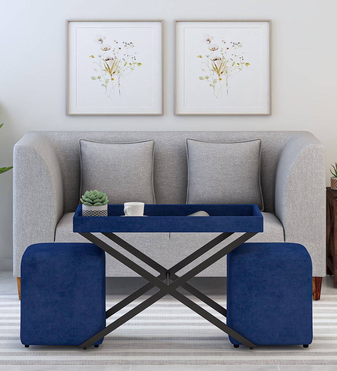 Buy Perdue Velvet Uphoolstered 2 Seater Coffee Table Set In Blue Colour ...