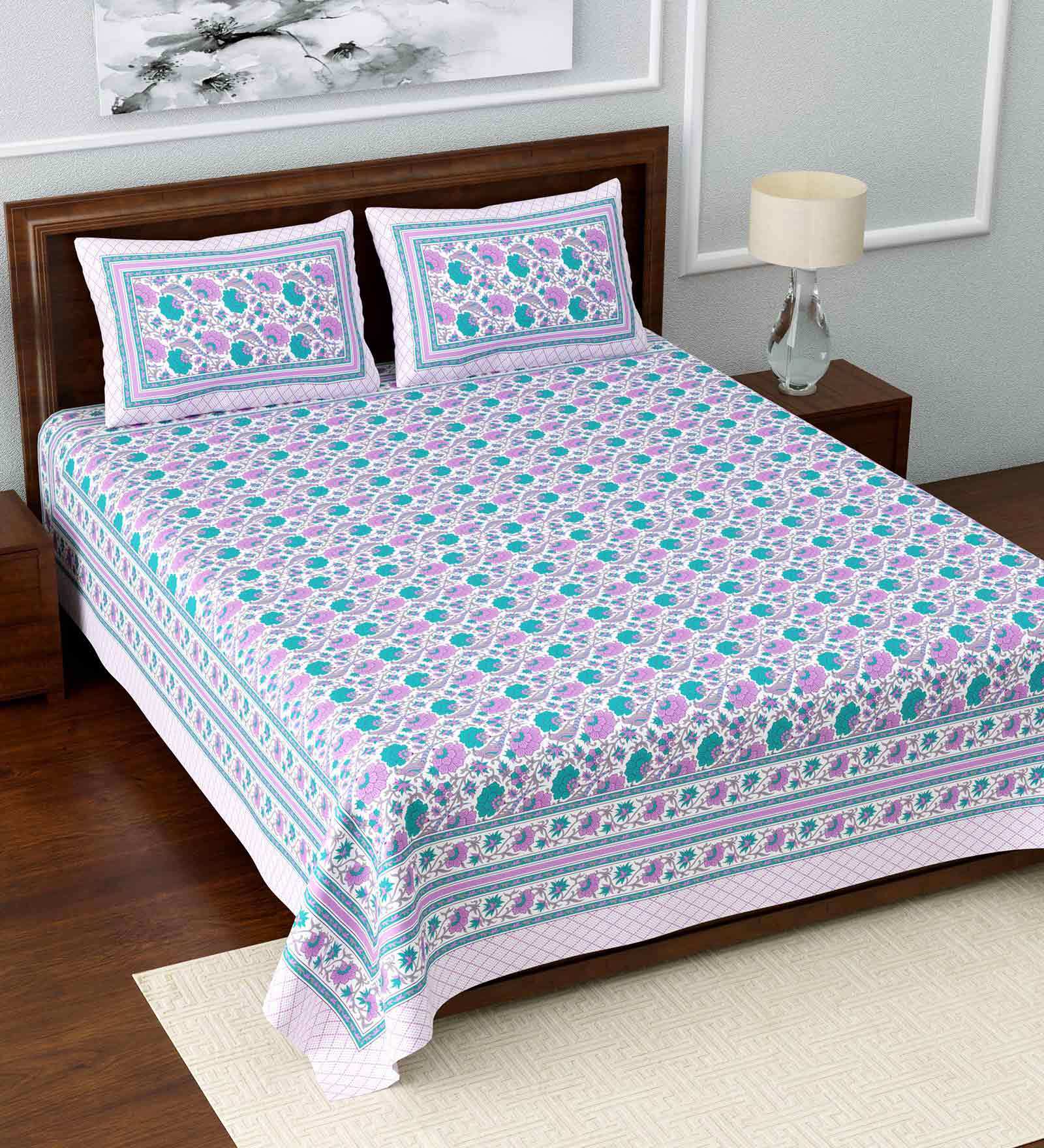 Buy Pink Floral 108 TC Cotton King Sized Bed Sheets with 2 Pillow ...