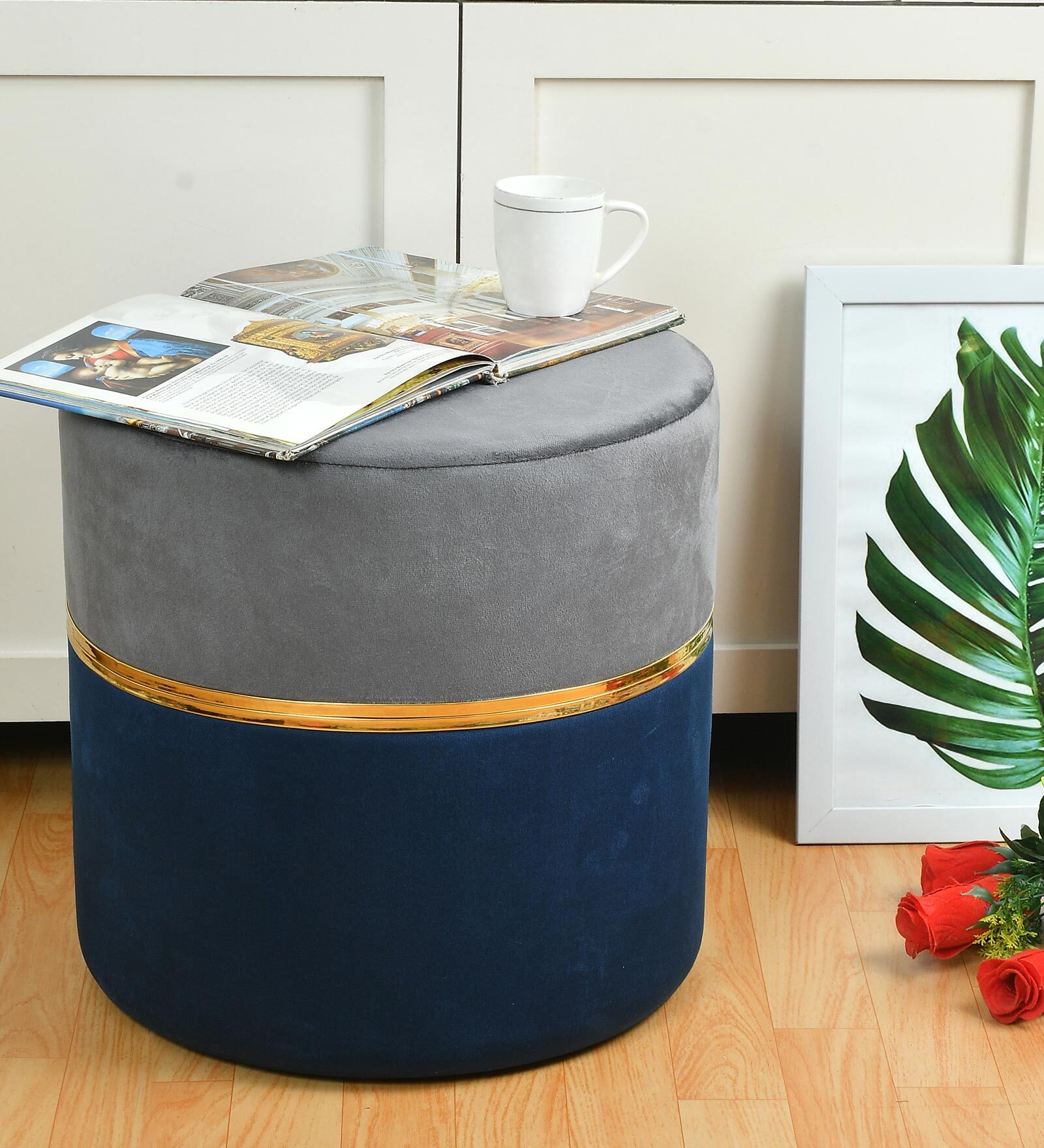 Buy Pluto Fabric Pouffe in Grey & Blue Colour Online - Pouffes ...