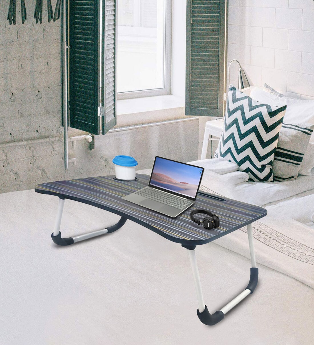 Buy Portable Laptop Table With Cup Holder In MG Black Finish at 58% OFF ...